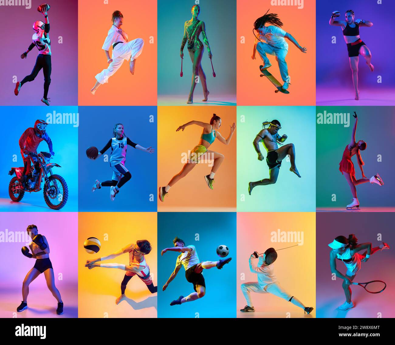 Creative collage made of portrait of basketball, soccer, tennis players ...