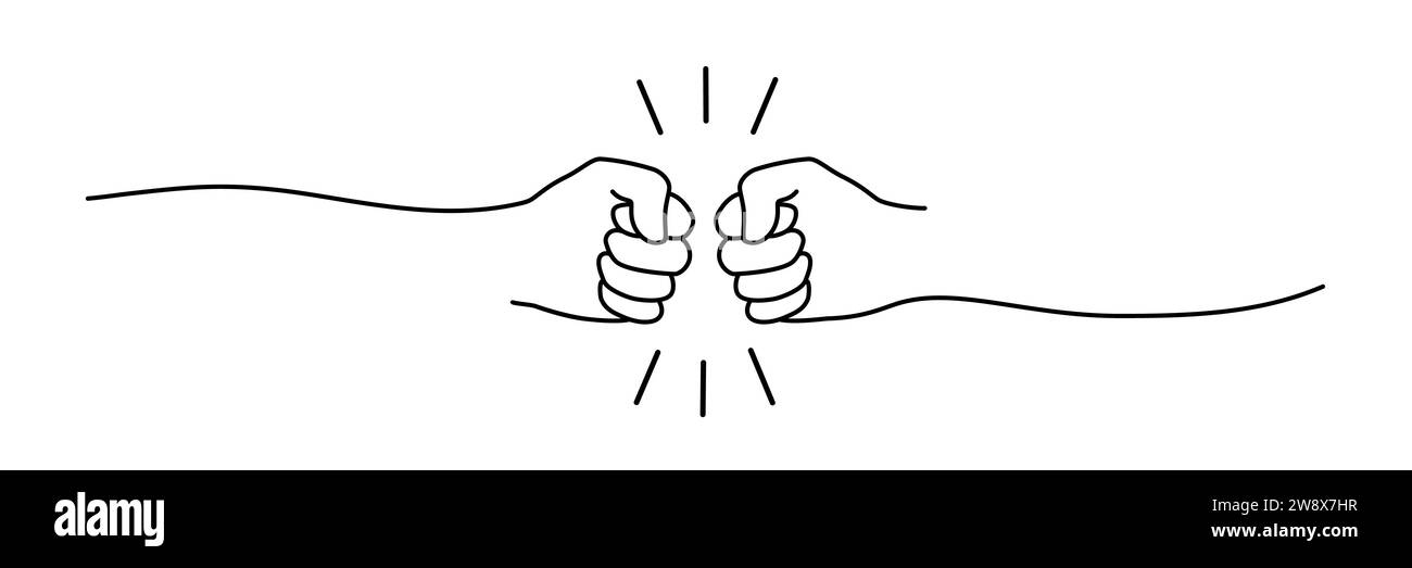 Fist bumping banner hand drawn with single line. Team work, cooperation ...