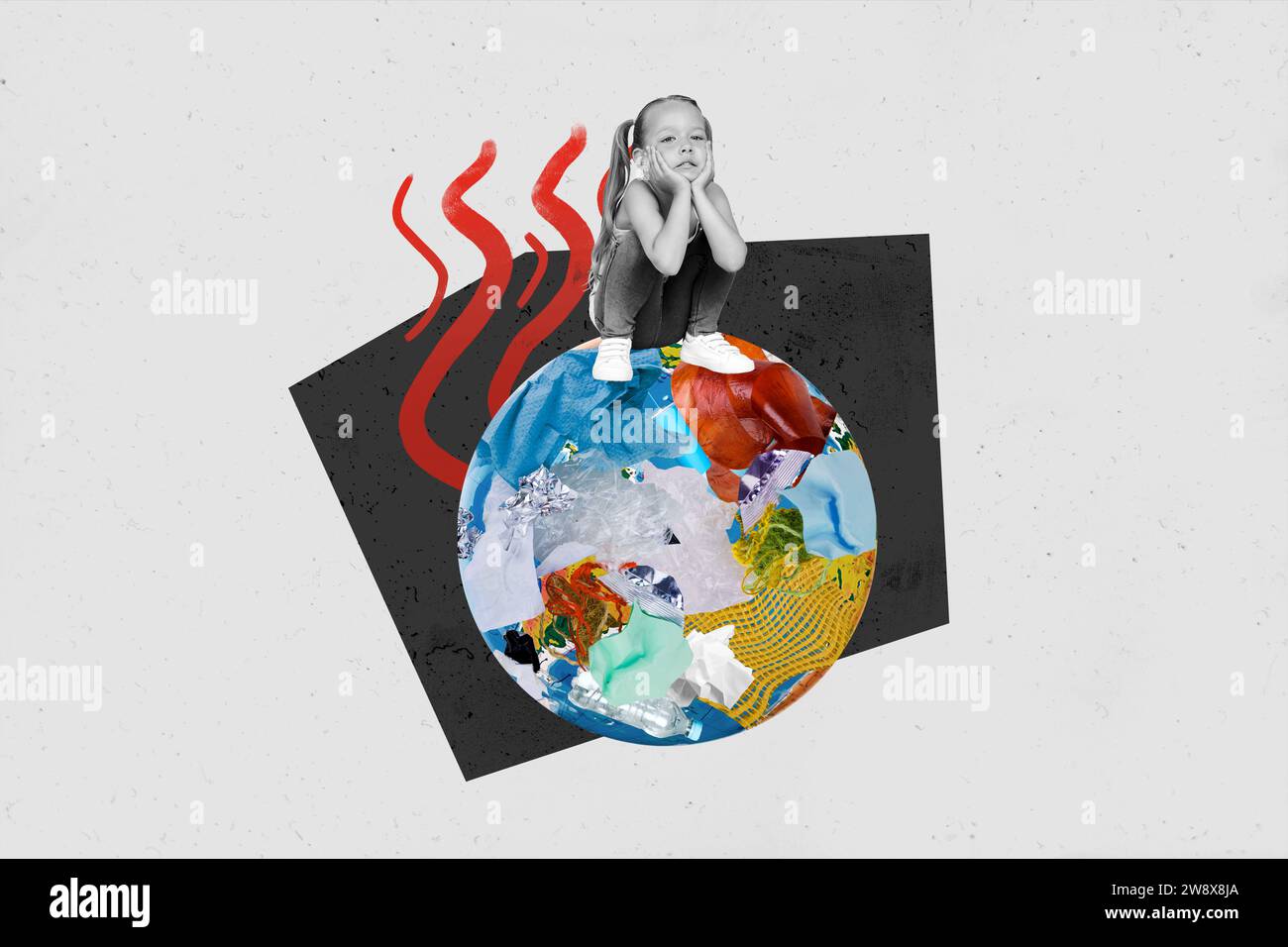 Collage picture illustration little upset sadness child girl sit globe ...