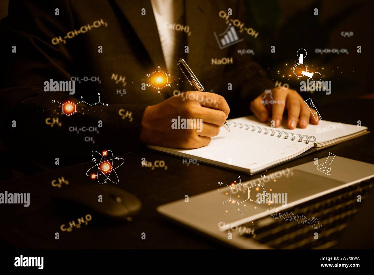 Male hand holding a pen write down scientific data or math formulas at ...