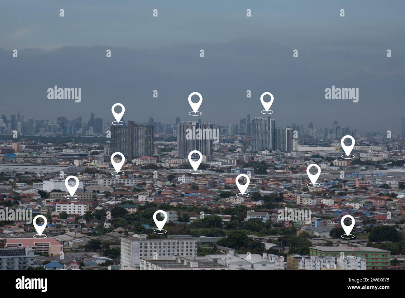pin location data gps and city scape business digtial network ...