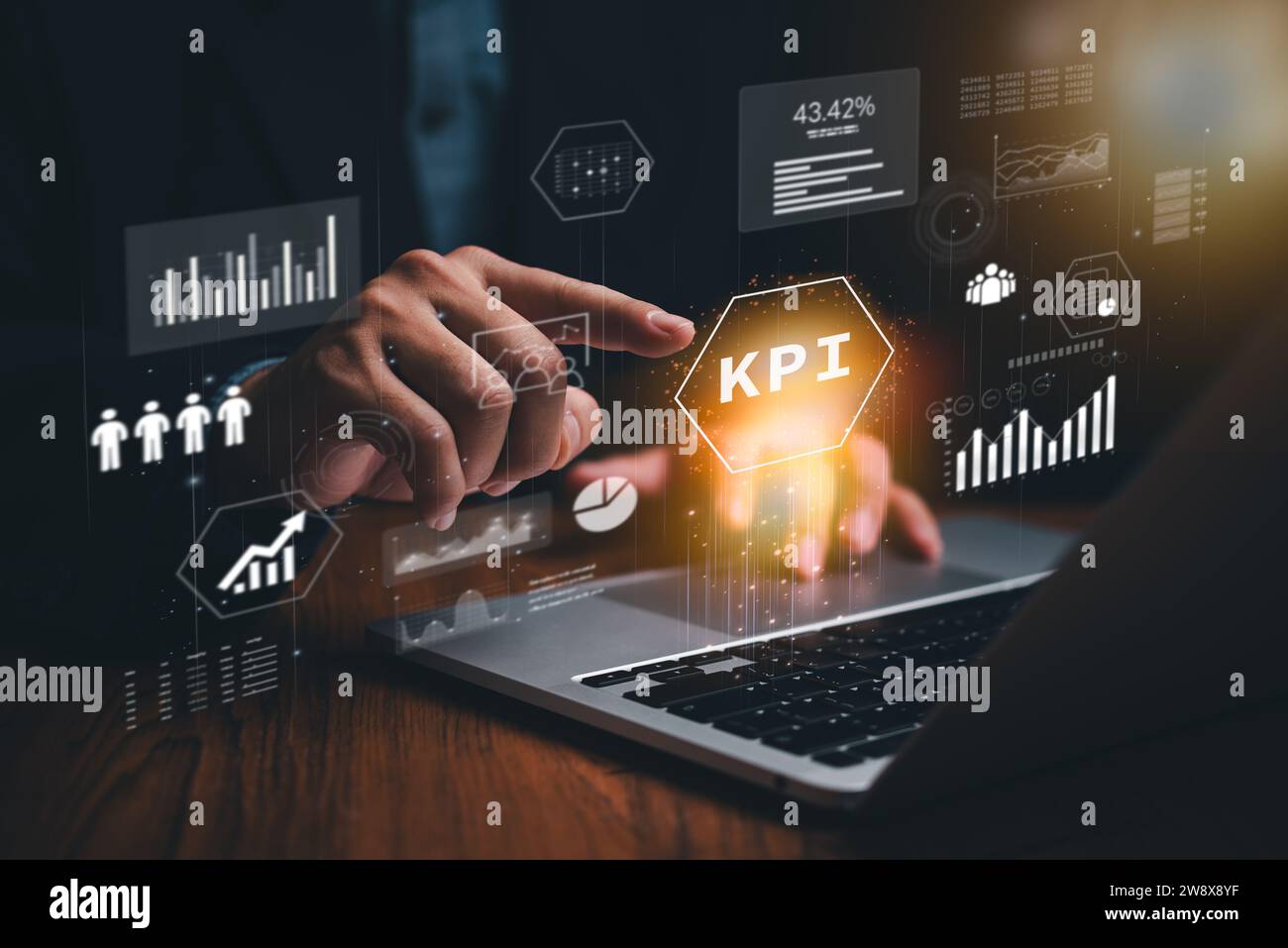 Man analyzes business finance data on laptop, investment figures ...
