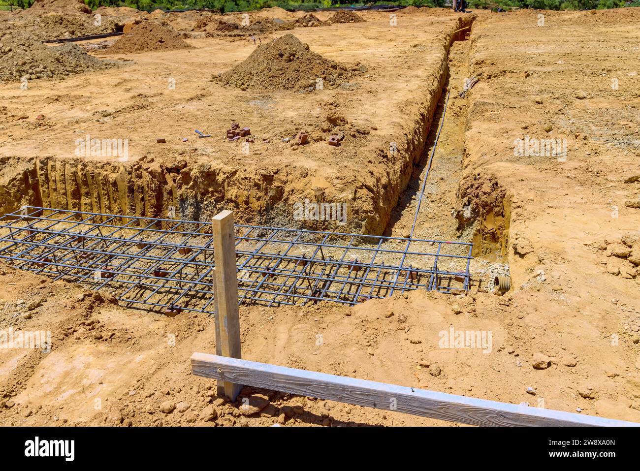Underground reinforcement has been positioned in trench, foundation can ...