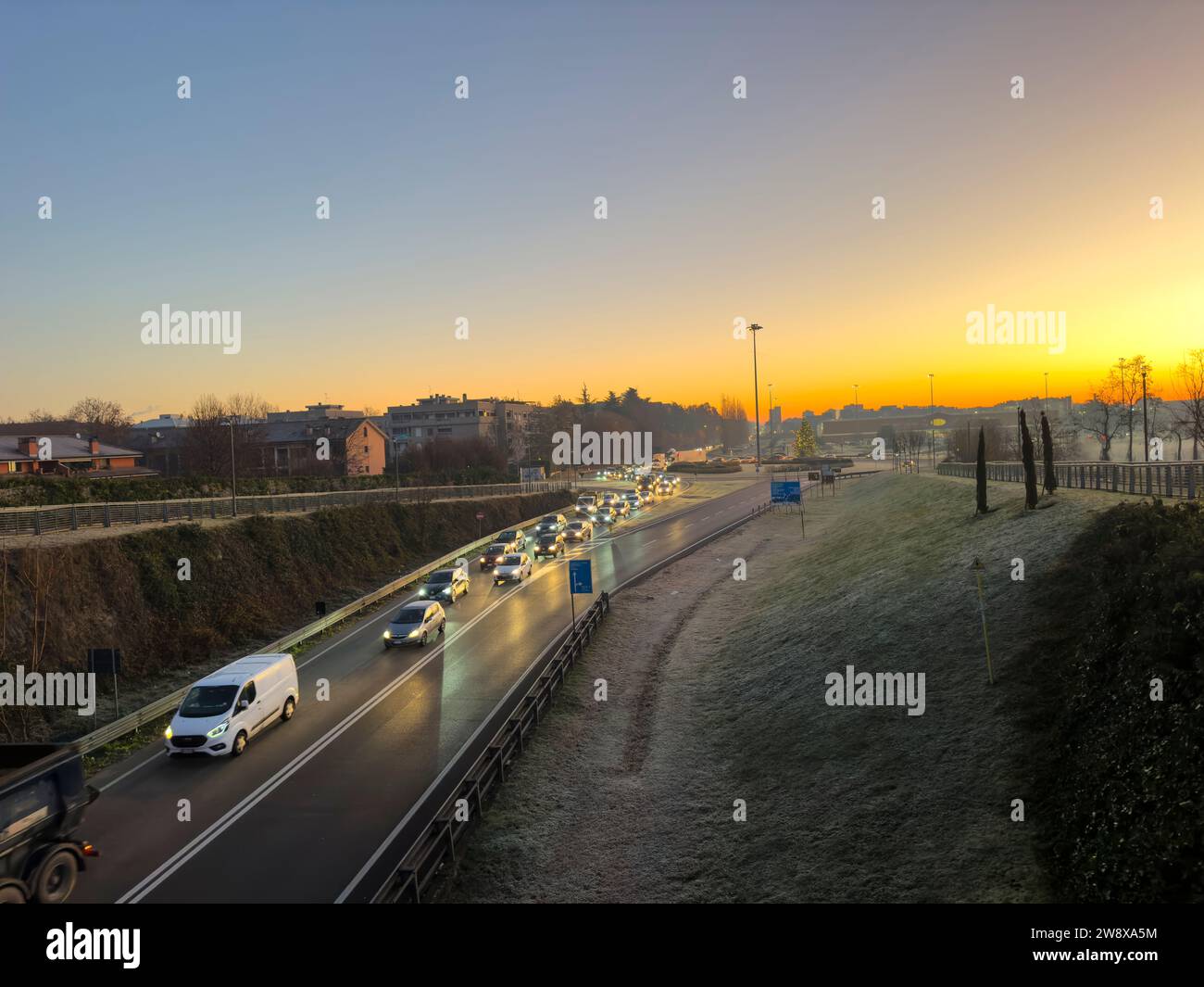 Traffic jam of cars in the morning commuter traffic heading to Milan ...