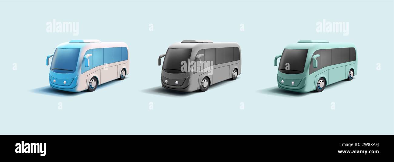 3d realistic bus render illustration set in different colors, modern ...