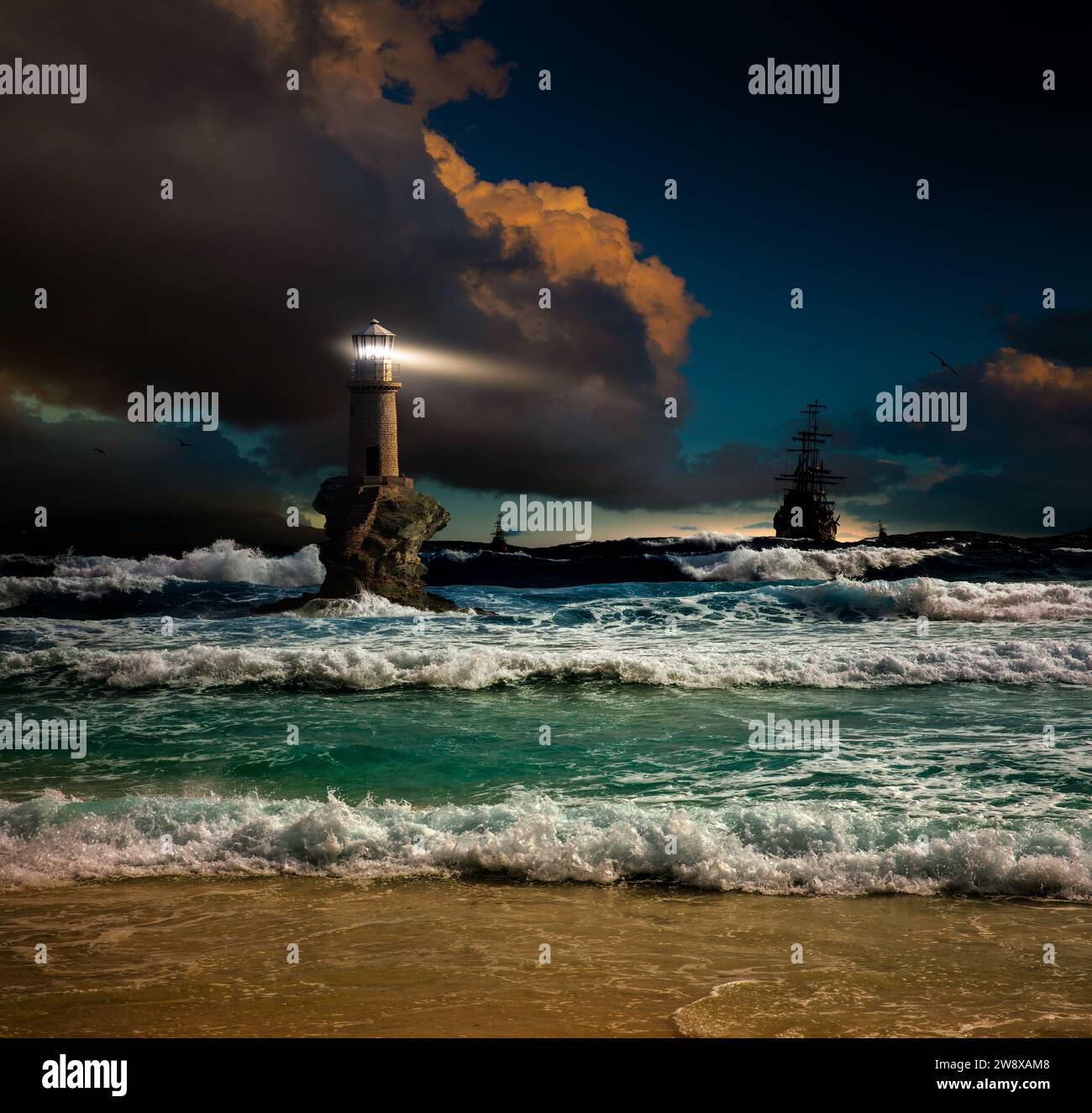 Storm at sea overlooking the lighthouse and ships. Lighthouse Tourlitis ...