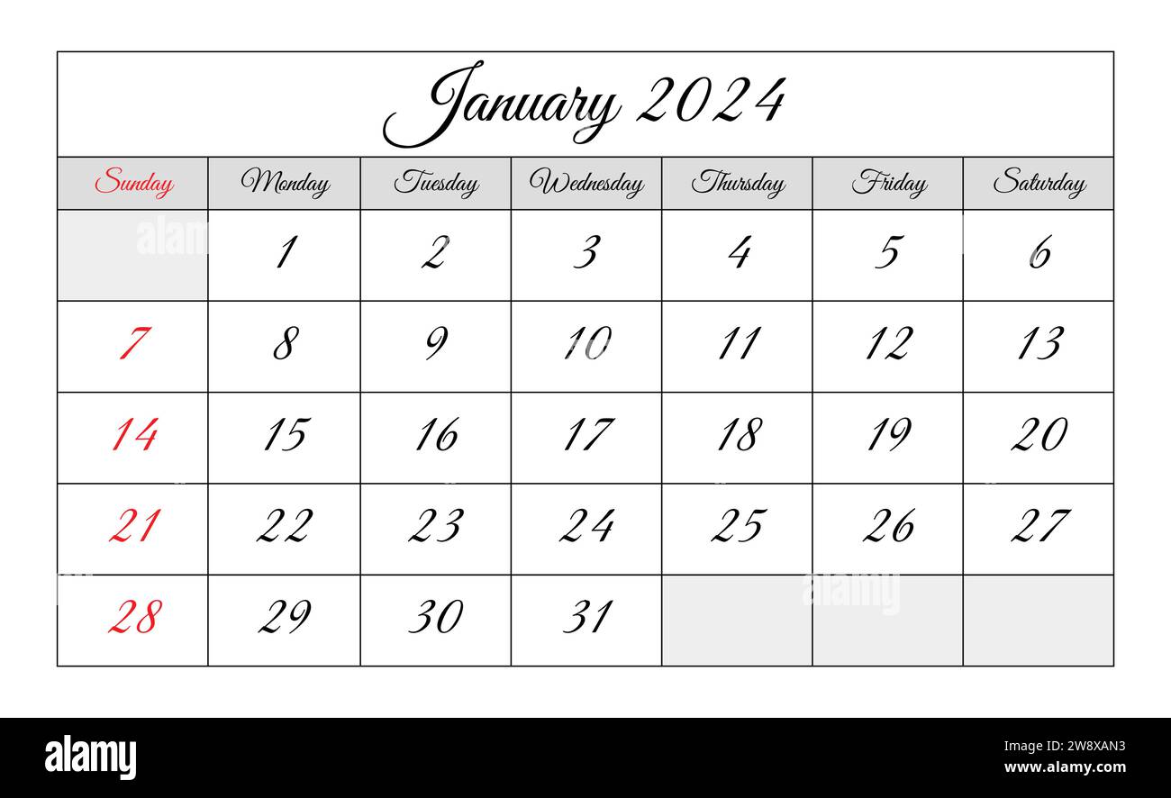 January 2024 ENGLISH month calendar. Vector printable illustration ...