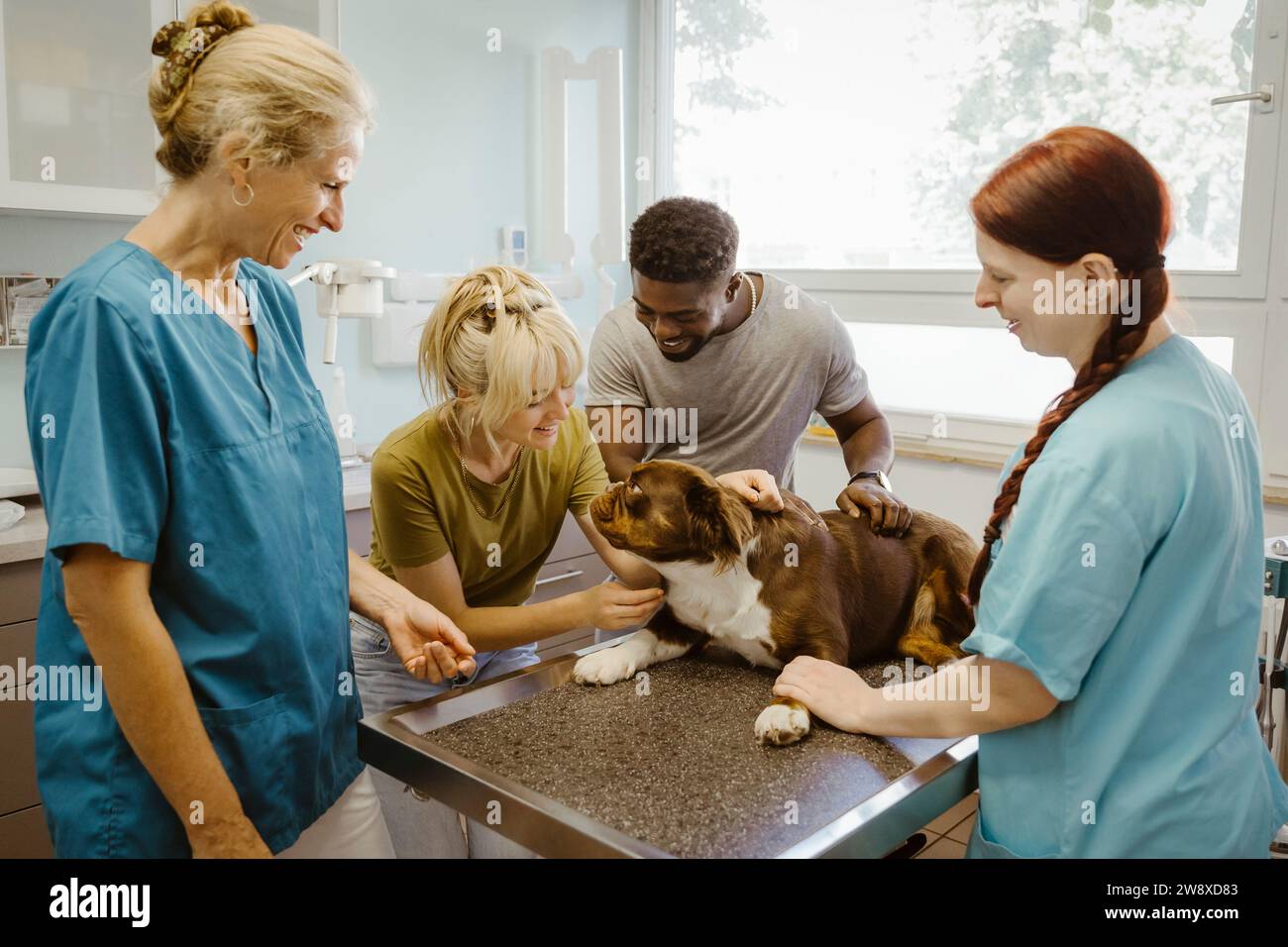 Smiling couple talking to dog on examination table while veterinarians ...