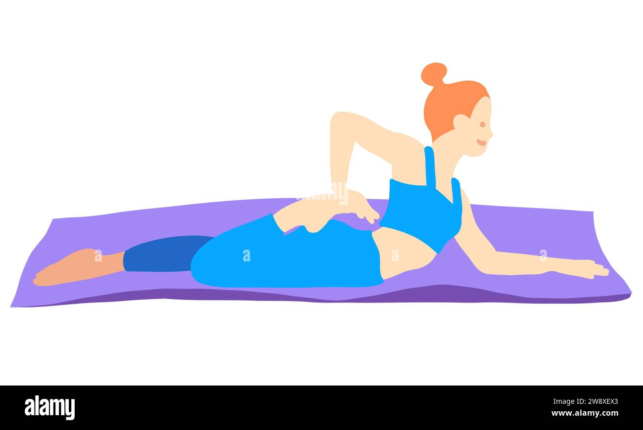 Training in yoga pose of rad hair European girl in blue tracksuit on a ...