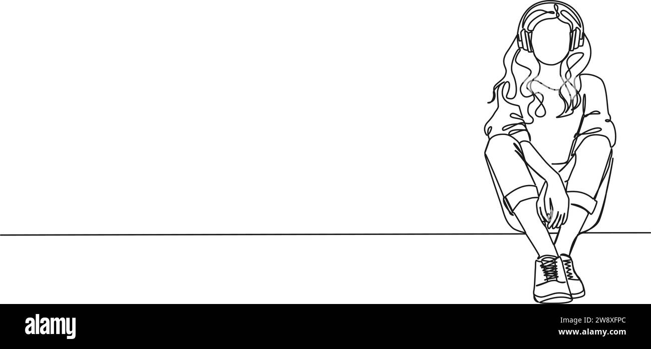continuous single line drawing of woman listening to music with stereo ...