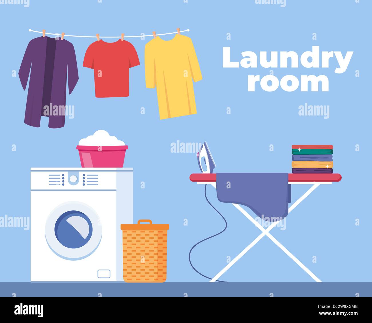 Modern laundry room interior with washing machine, ironing board, clean ...