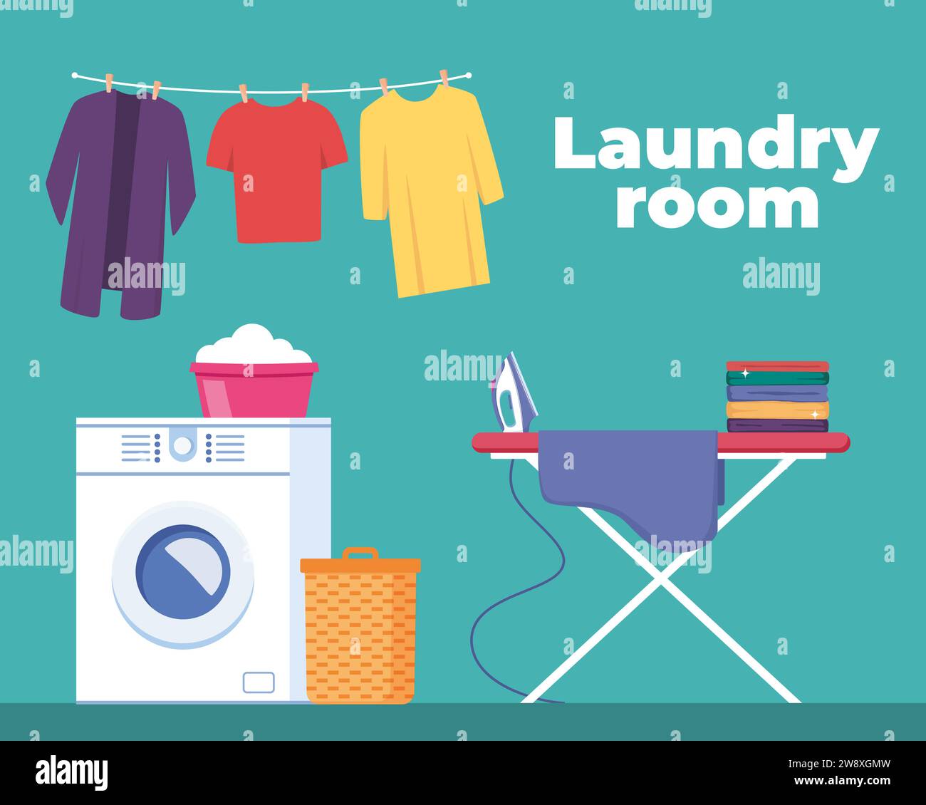 Modern laundry room interior with washing machine, ironing board, clean ...