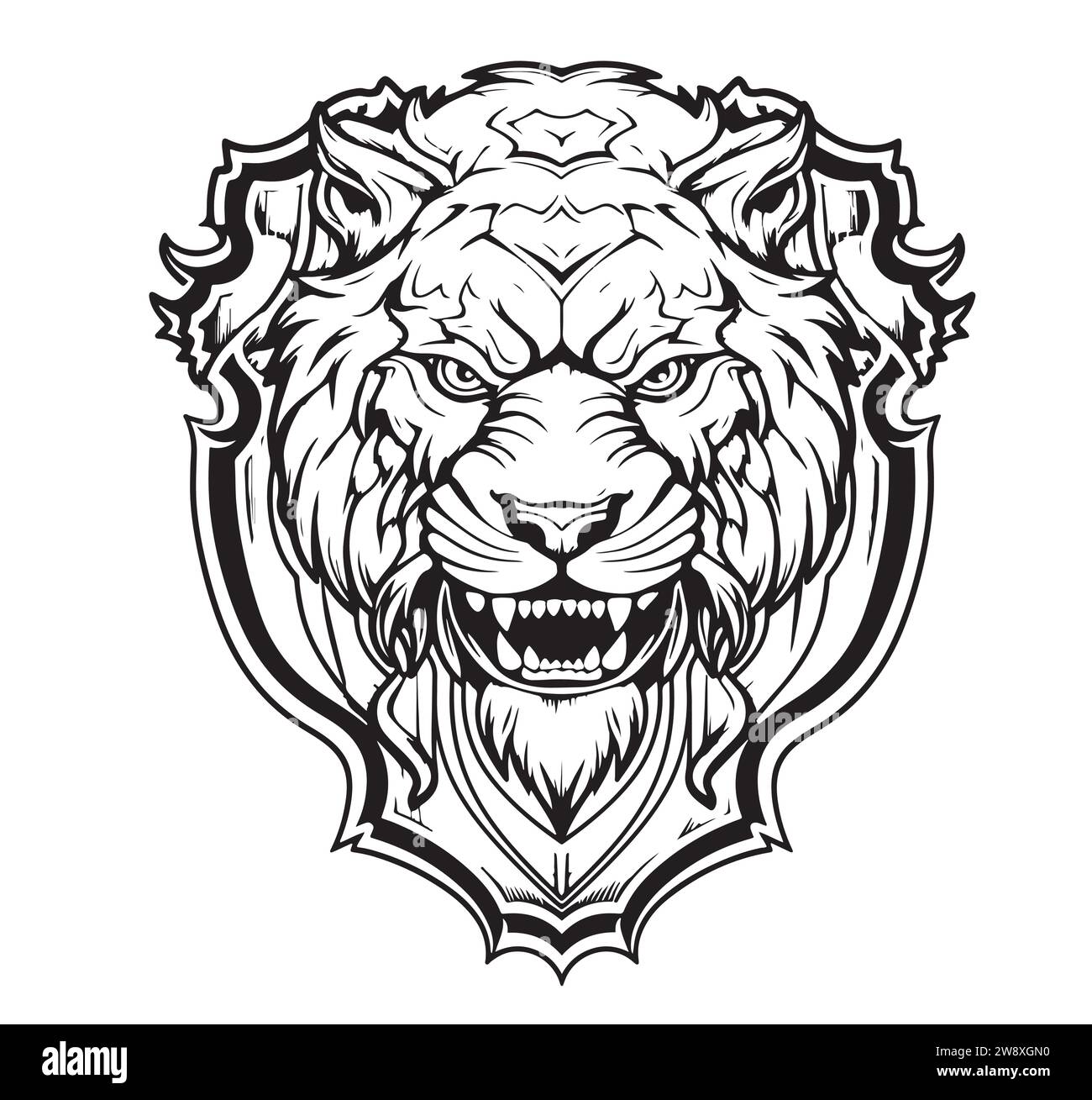 roaring tiger head in simple heraldic shield - black and white vector ...