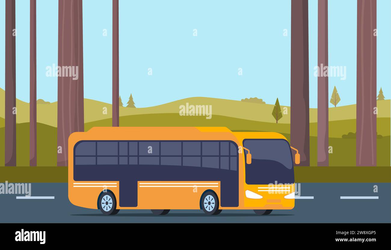 Traveling by bus. Tourist buses drive along road towards trip adventure ...