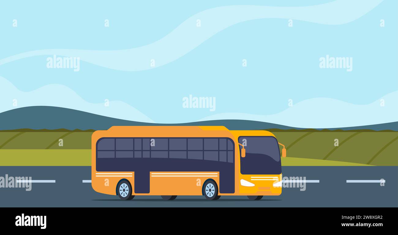 Traveling by bus. Tourist buses drive along road towards trip adventure ...