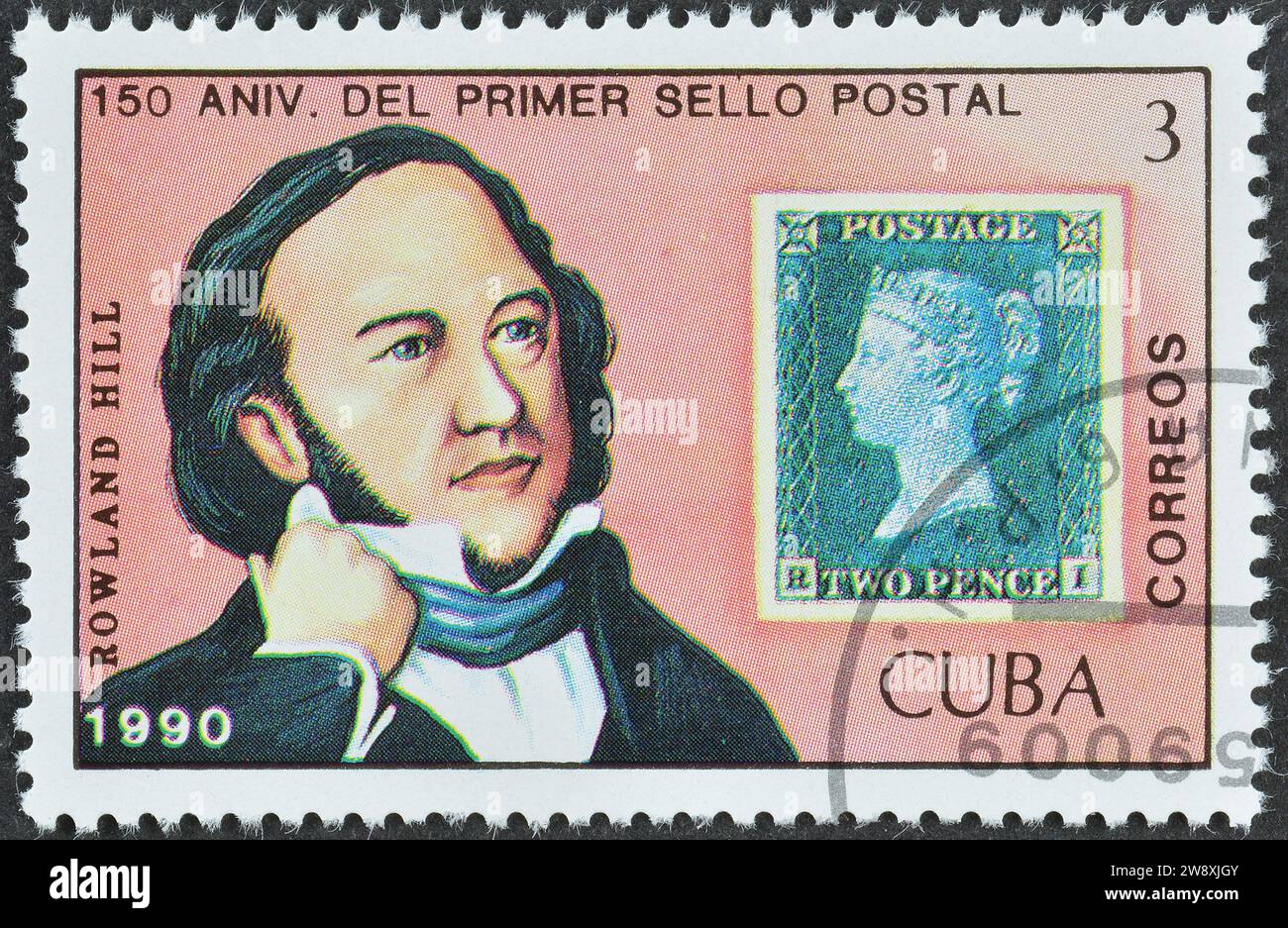 Cancelled postage stamp printed by Cuba, that shows Rowland Hill ...