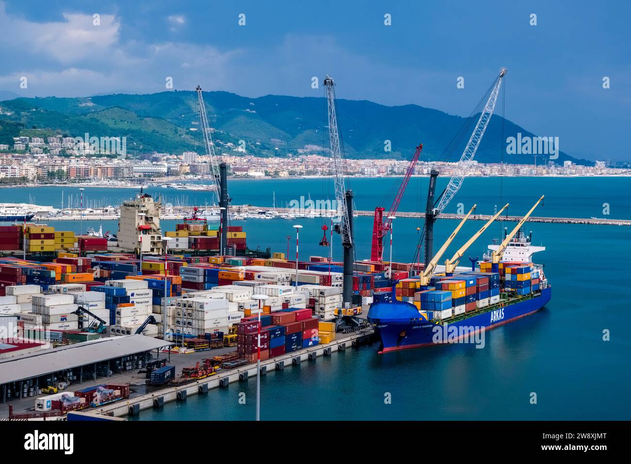 Aerial view of the container harbour in Salerno with containers, cranes ...