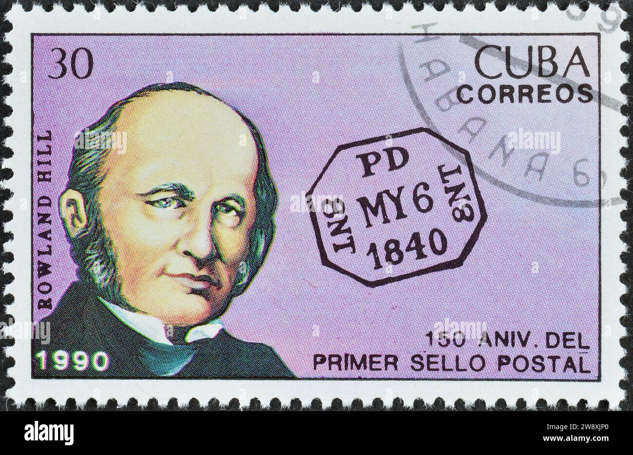 Cancelled postage stamp printed by Cuba, that shows Rowland Hill ...