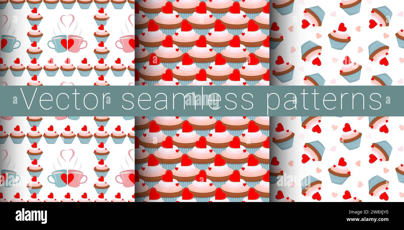 Collection of vector seamless patterns. Cupcake with a heart Stock Vector Image & Art - Alamy