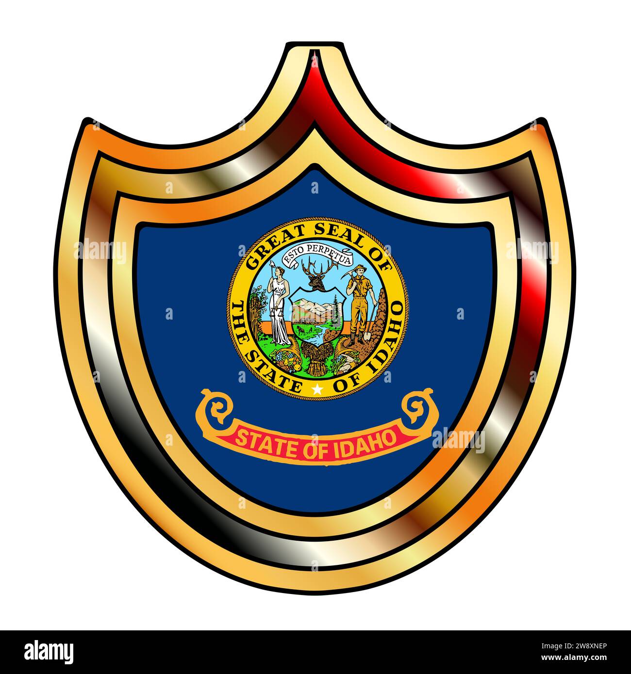 Metal shield with inset Idaho State flag icons on a white background ...