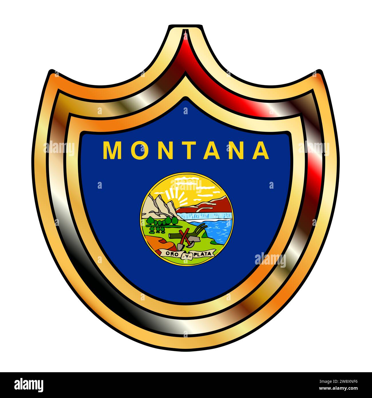 Metal shield with inset Montana State flag icons on a white background ...