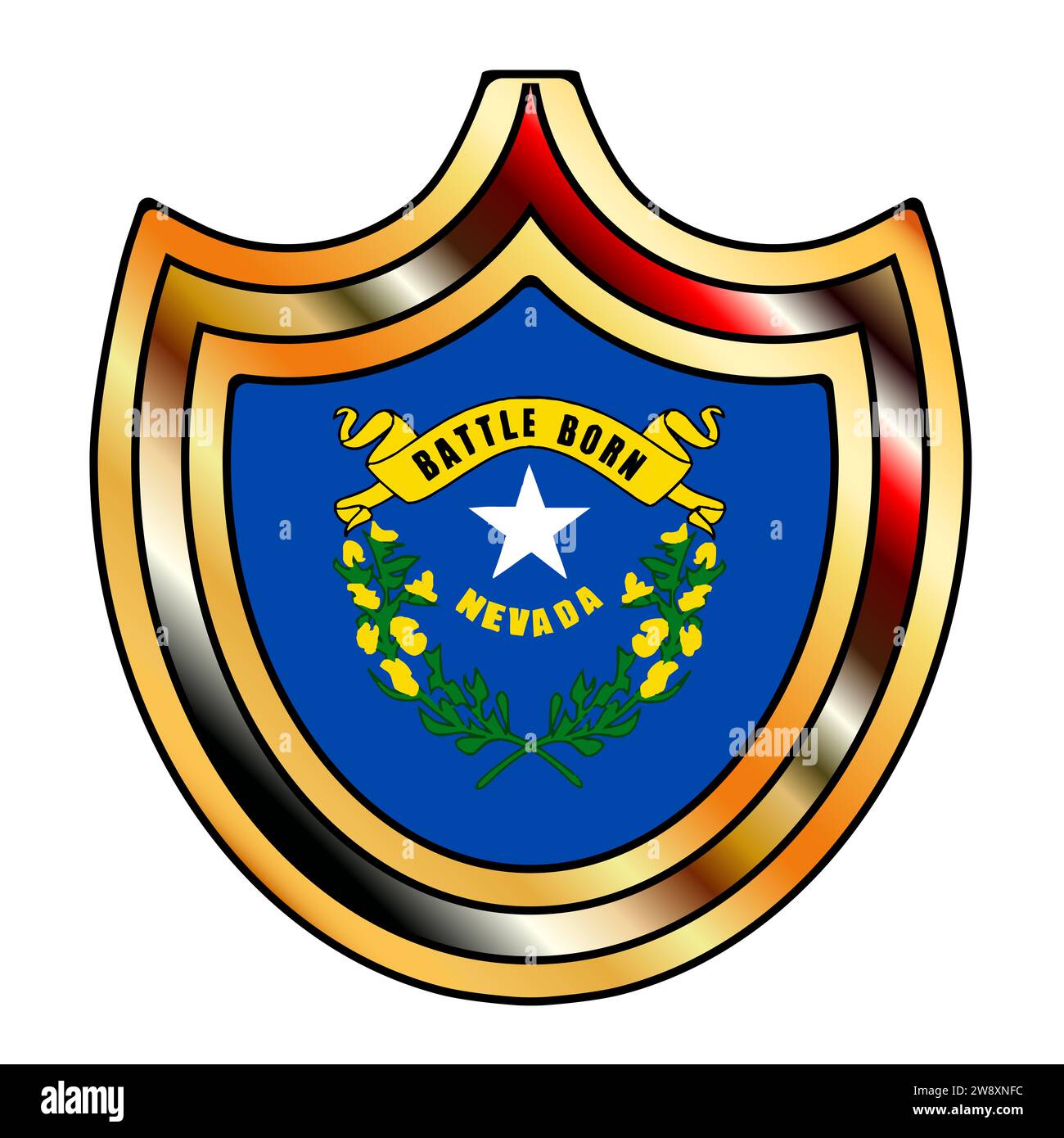 Metal shield with inset Nevada State flag icons on a white background ...