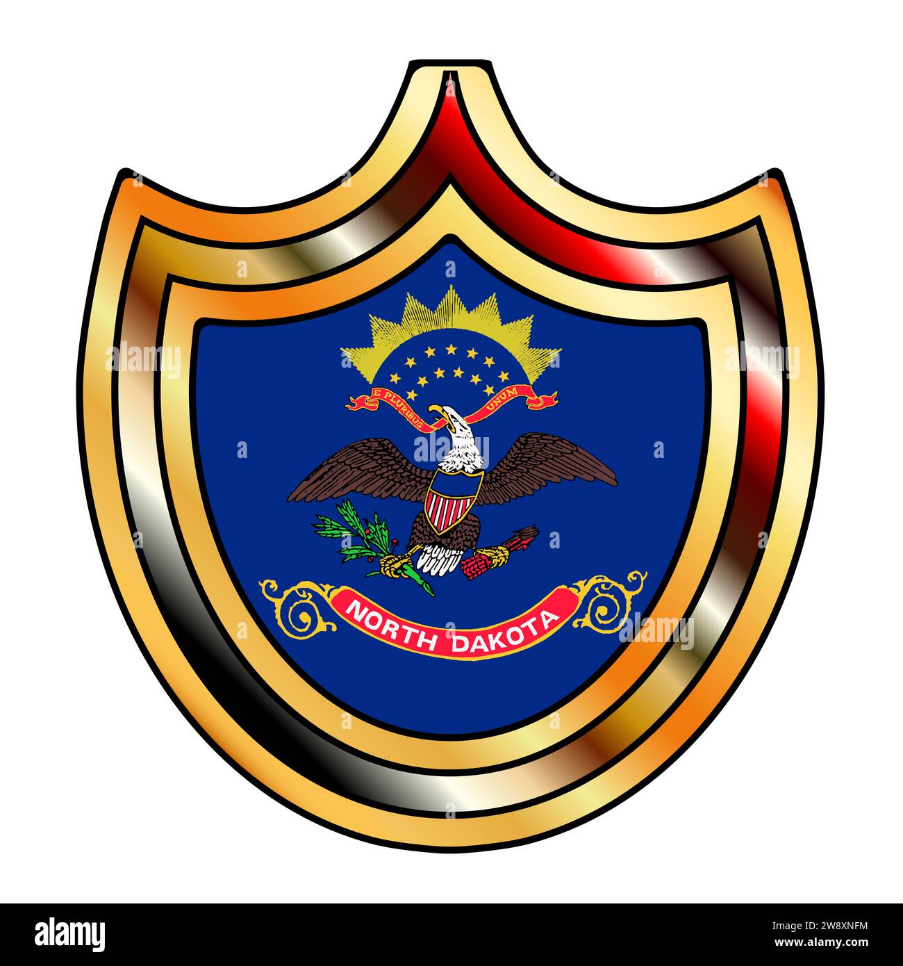 Metal shield with inset North Dakota State flag icons on a white ...