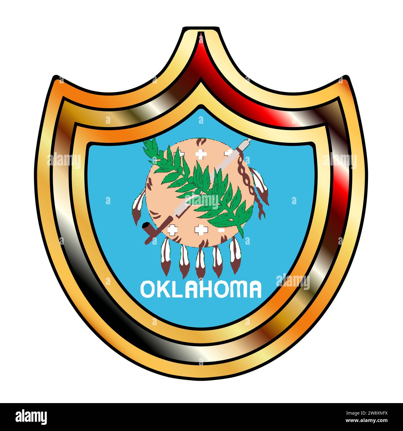 Metal shield with inset Oklahoma State flag icons on a white background ...