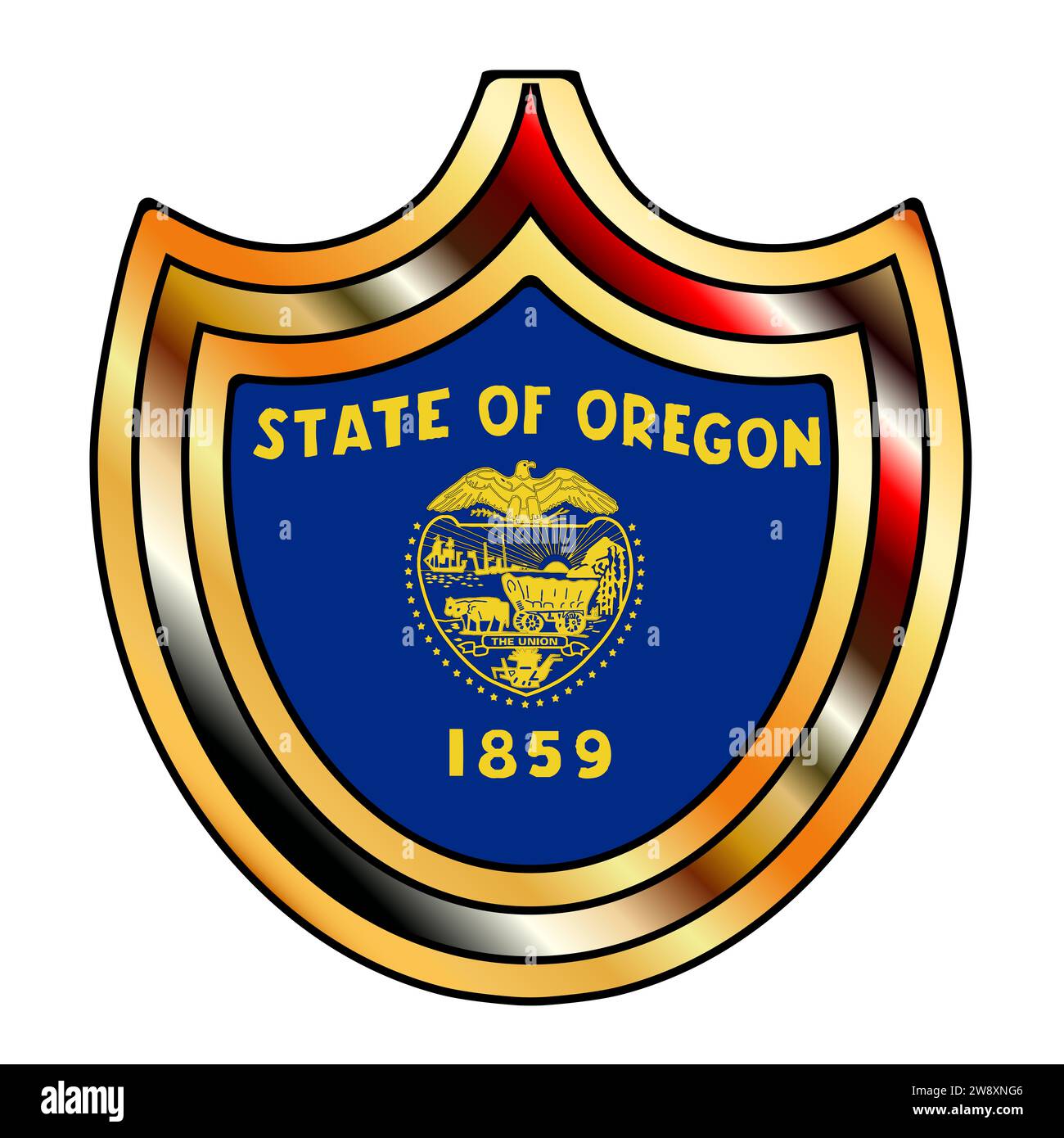 Metal shield with inset Oregon State flag icons on a white background ...