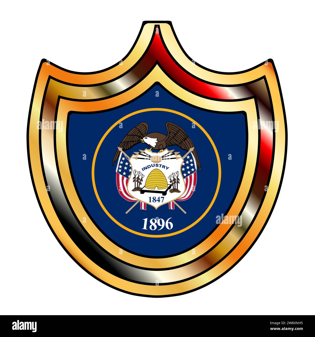 Metal shield with inset Utah State flag icons on a white background ...
