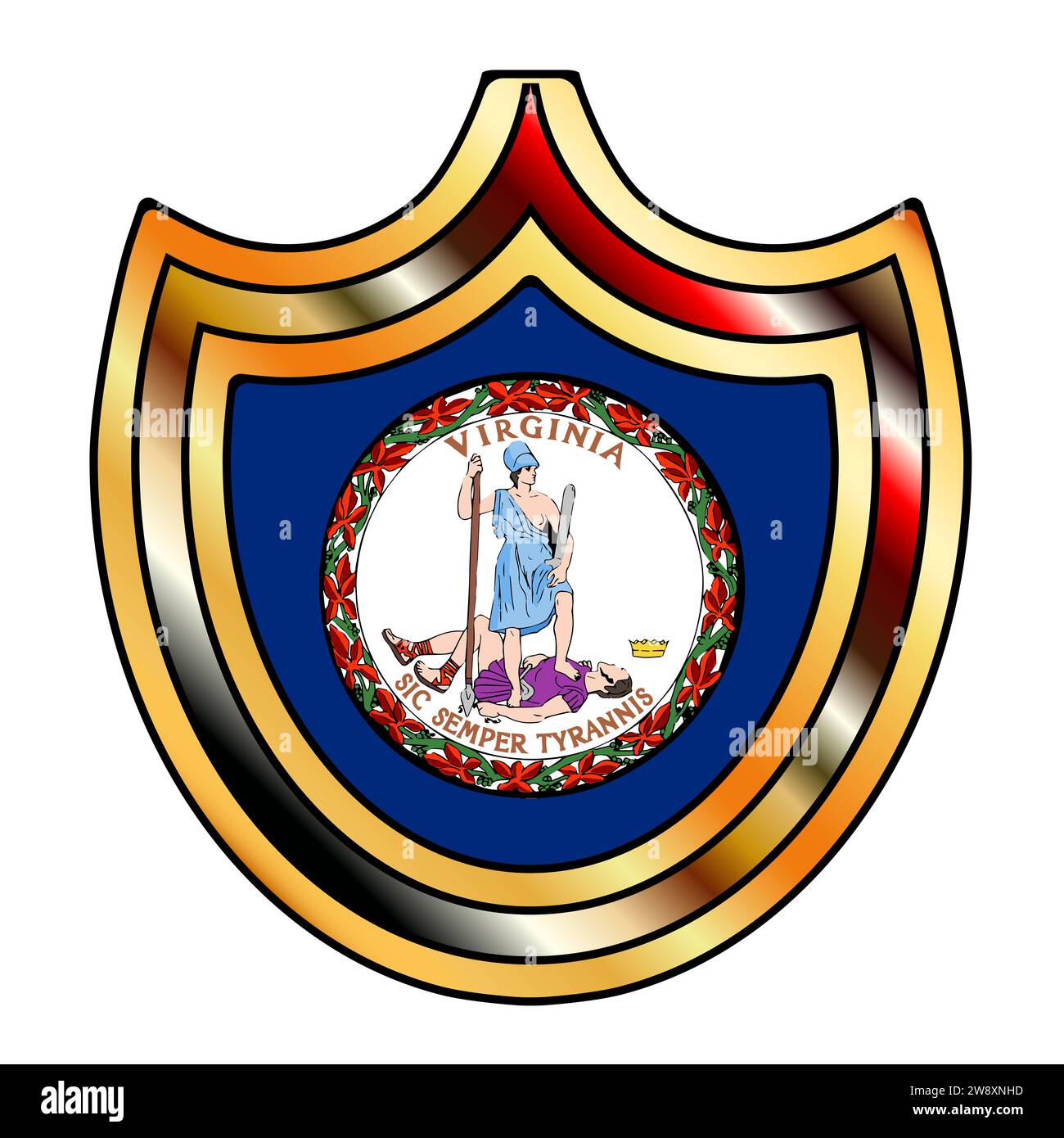 Metal shield with inset Virginia State flag icons on a white background ...