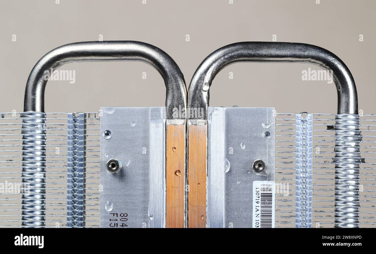 Close up view of passive heatsink with the aluminum fin and copper heat ...