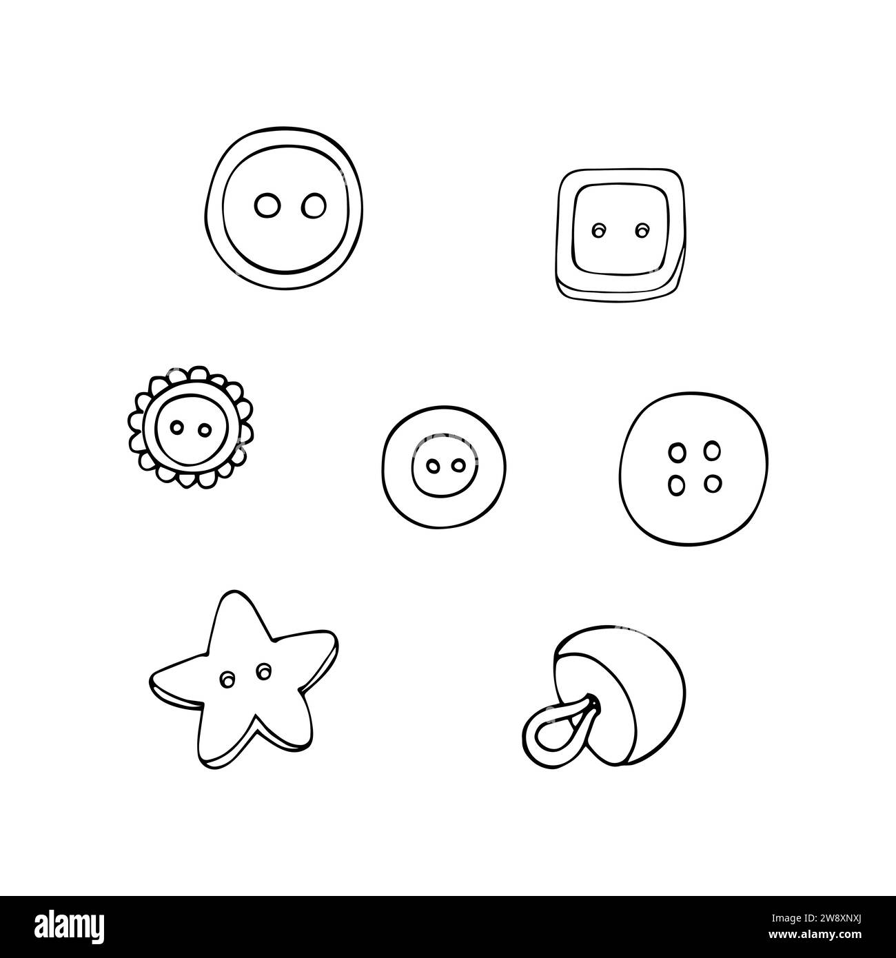 Hand-drawn buttons. Top view of various garment fasteners. Handmade ...