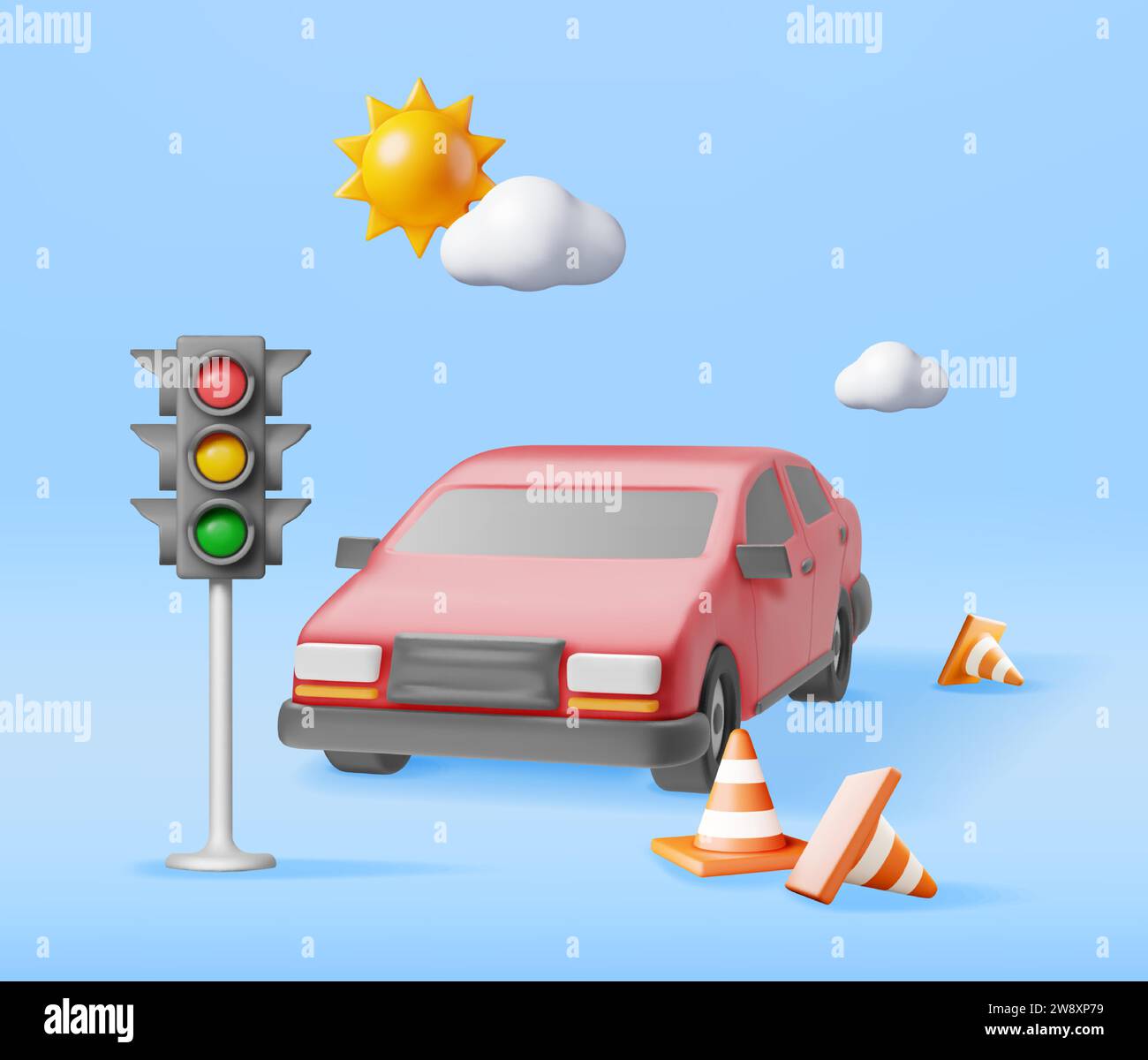 3D Sedan Car with Traffic Cones and Traffic Lights Stock Vector Image ...