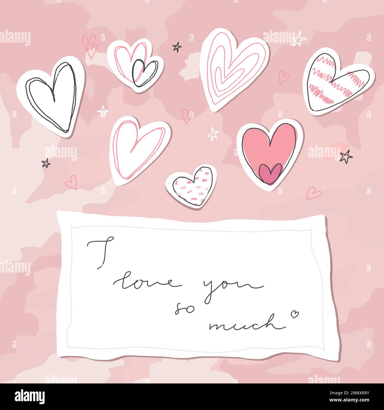 Valentines Day card with doodle paper hearts and love note on a ...