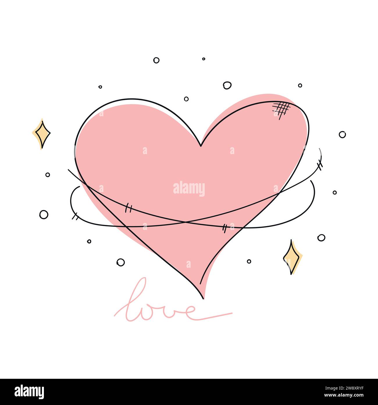 Hand drawn heart planet with rings decorated with stars. Vector ...