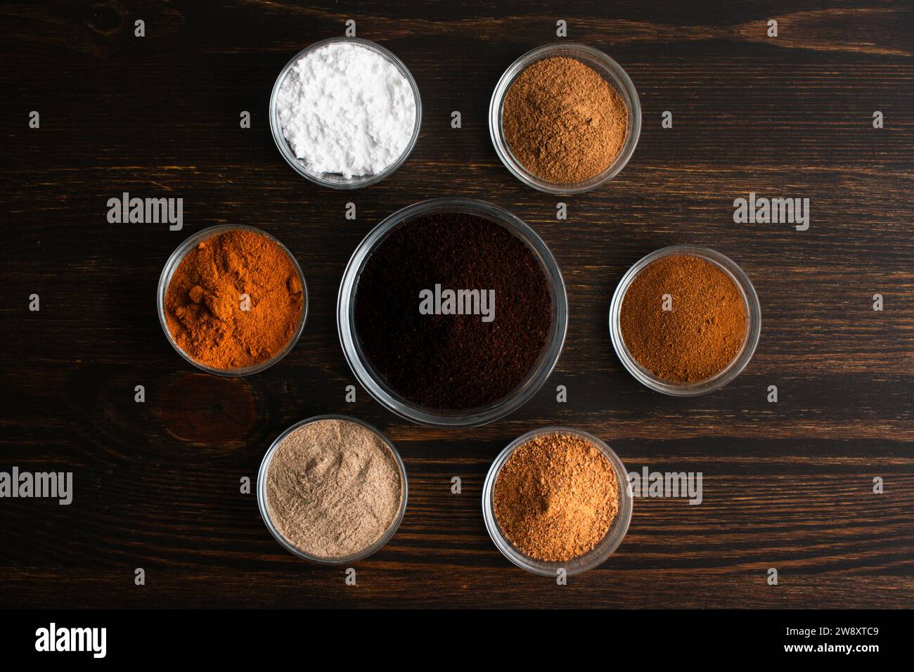 Spiced Christmas Coffee Ingredients in Small Glass Bowls: Ground coffee ...