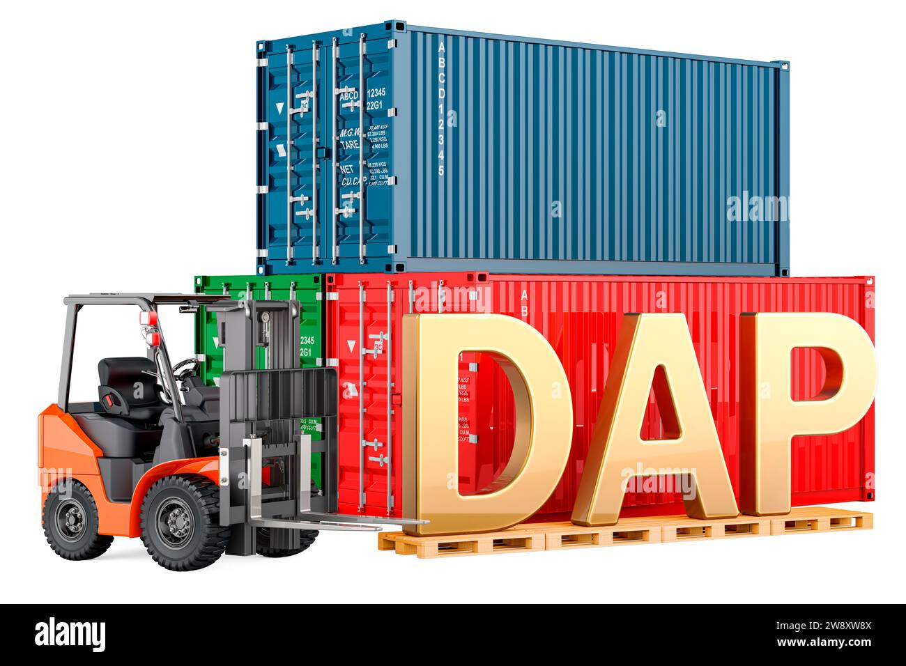DAP concept. Forklift truck with cargo containers, 3D rendering ...