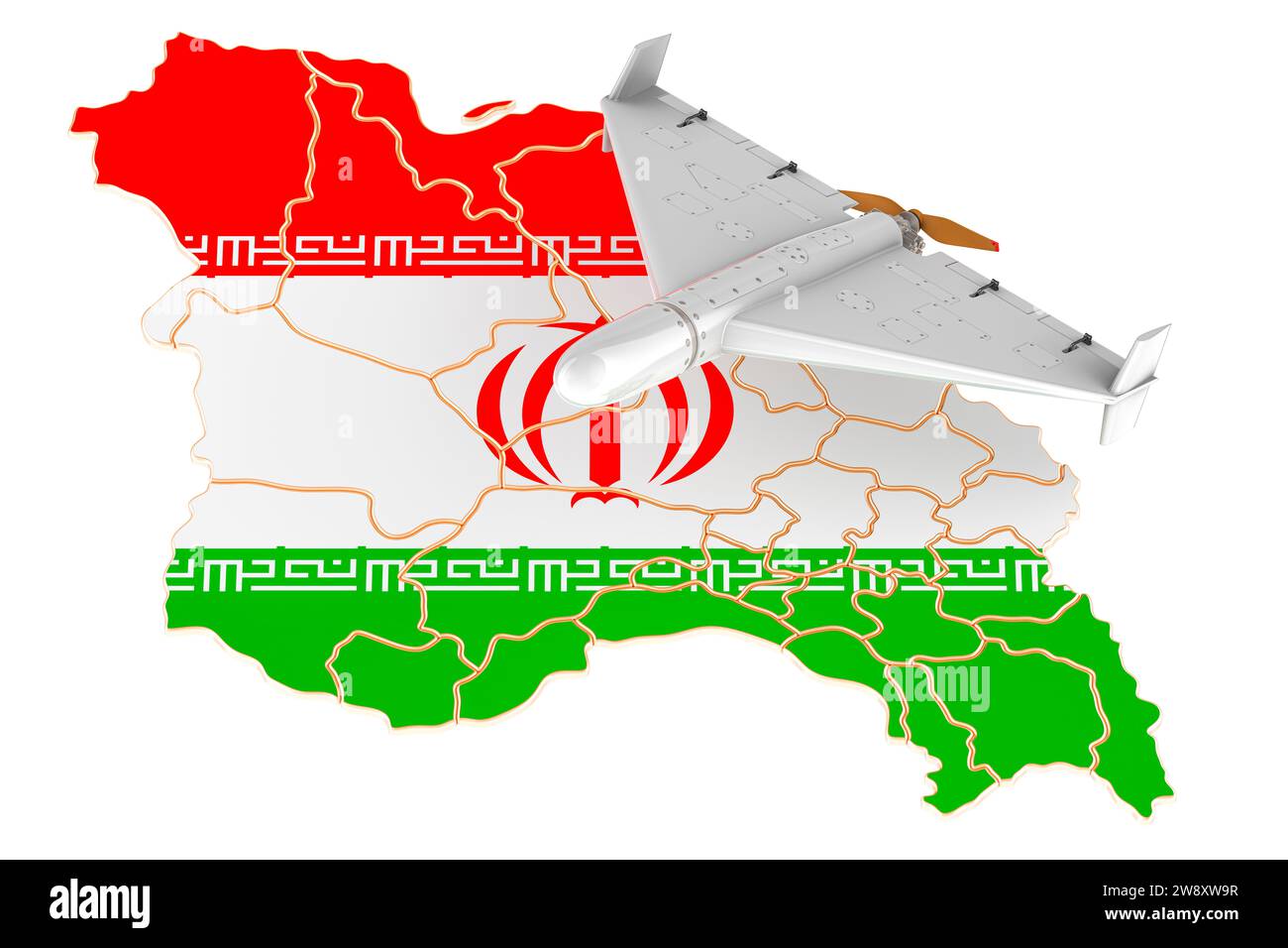 Kamikaze Drone, military drone with Iran map. 3D rendering isolated on ...