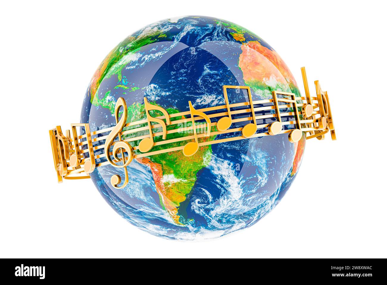 Earth Globe with golden musical notes around, 3D rendering isolated on ...