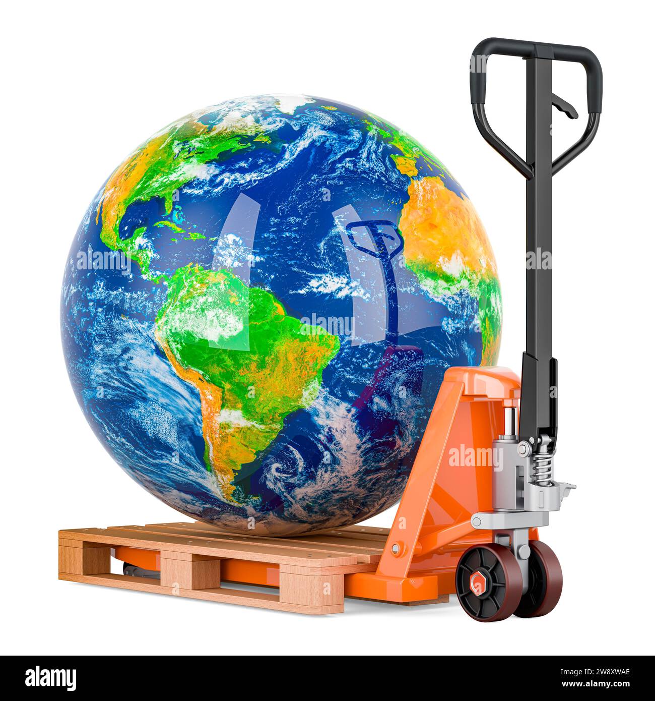 Pallet truck with Earth Globe. Global logistics, shipping and worldwide ...