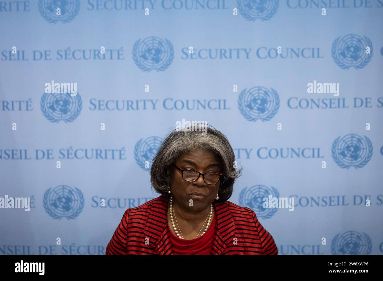 US Ambassador to the UN Linda Thomas-Greenfield speaks during a press ...