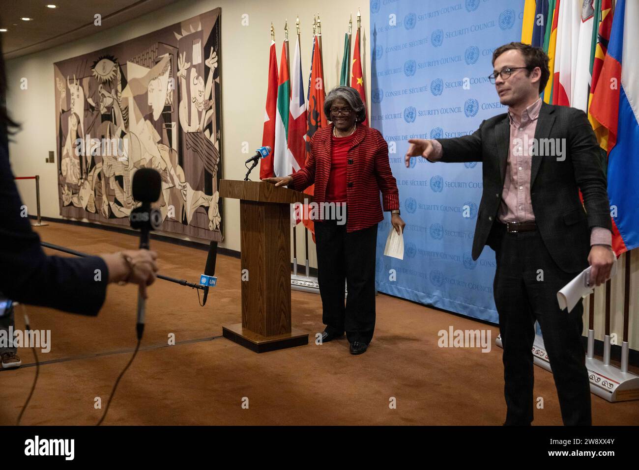 US Ambassador to the UN Linda Thomas-Greenfield, center, stands at the ...