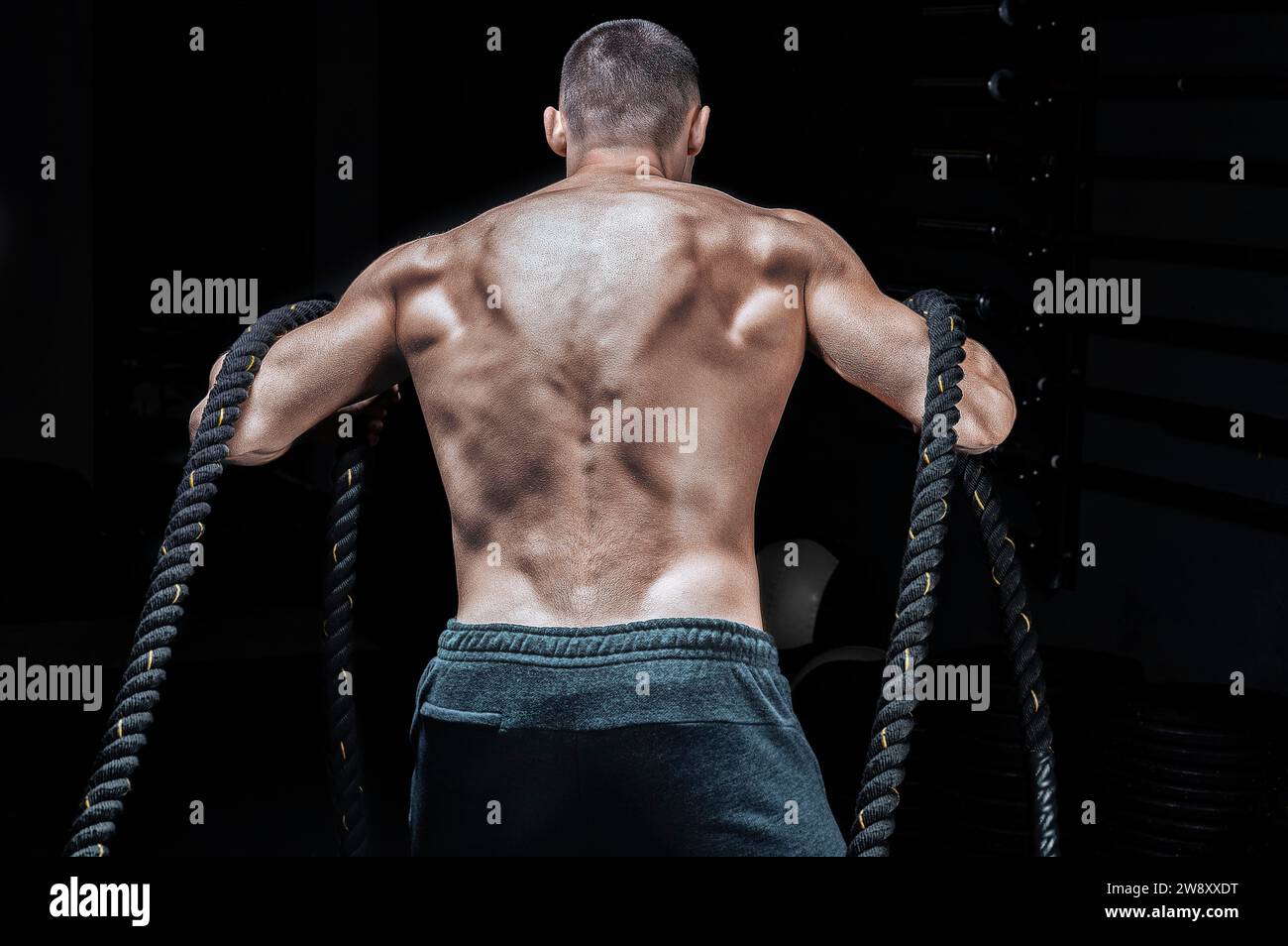 Portrait of an athlete who pulls the ropes. Back view. The concept of ...