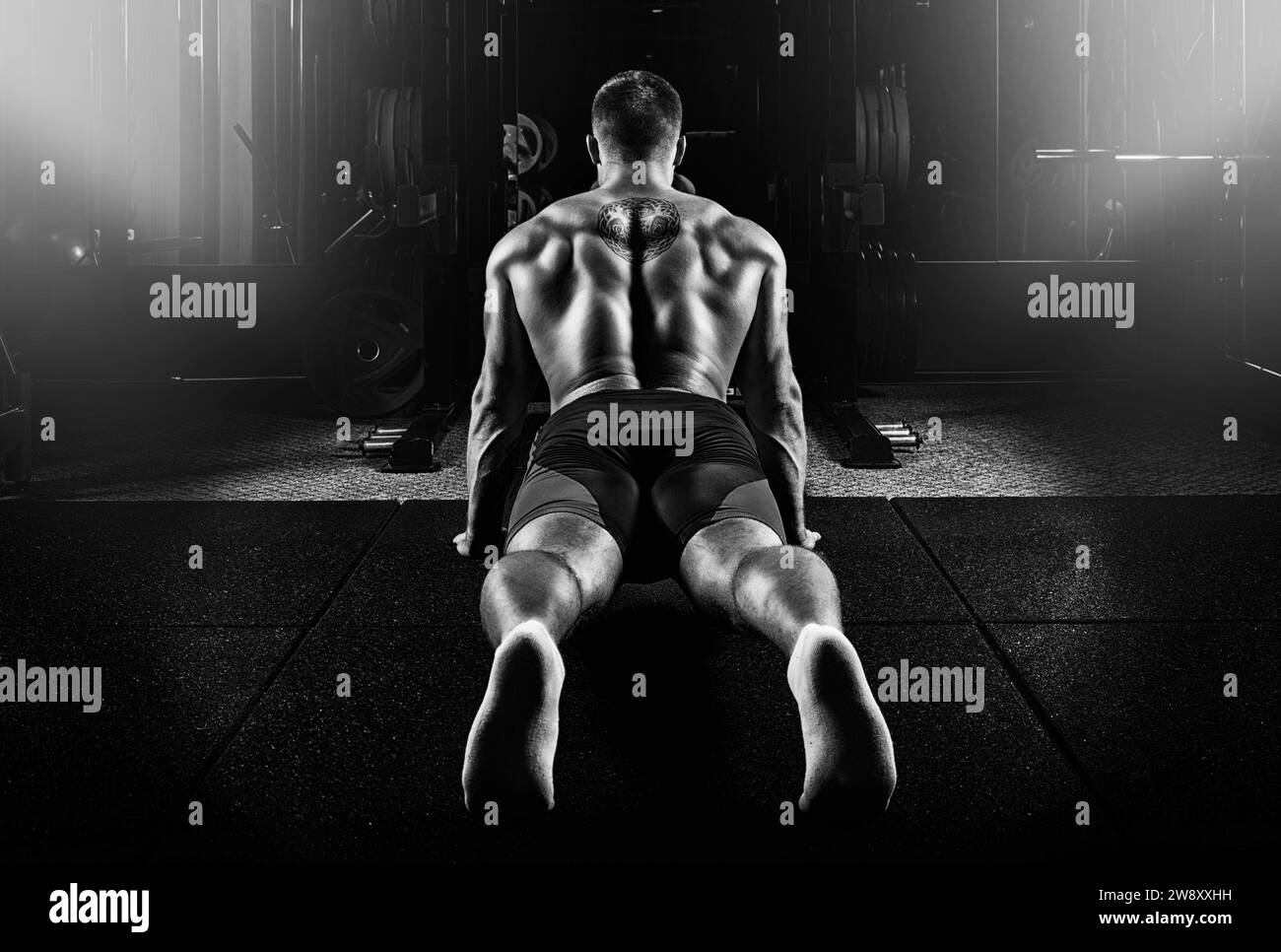 The athlete is stretched on a special cover in the gym. Back view Stock ...