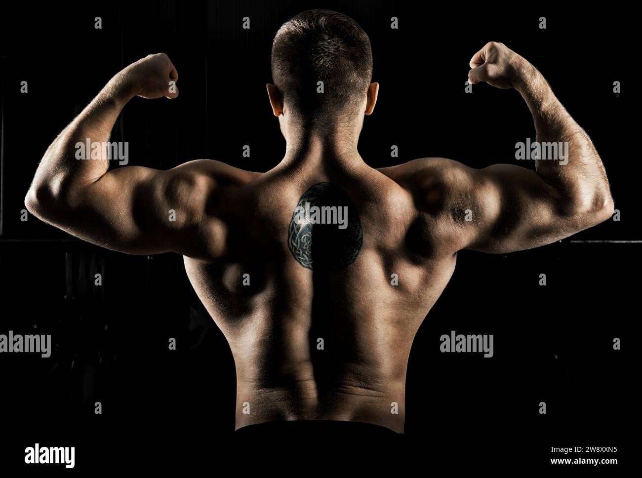 Huge weightlifter is standing with his back to the camera and straining ...