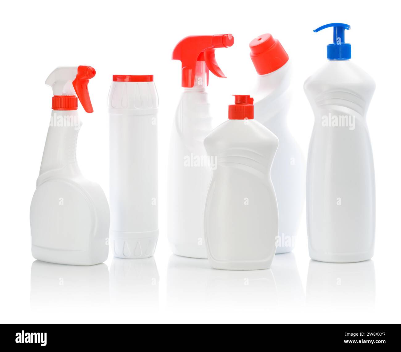 Set of white cleaners with coloured covers Stock Photo - Alamy