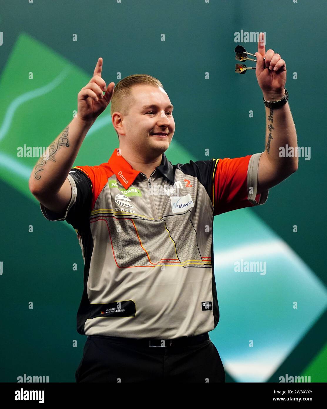 Dimitri Van den Bergh in action against Florian Hempel (not pictured ...