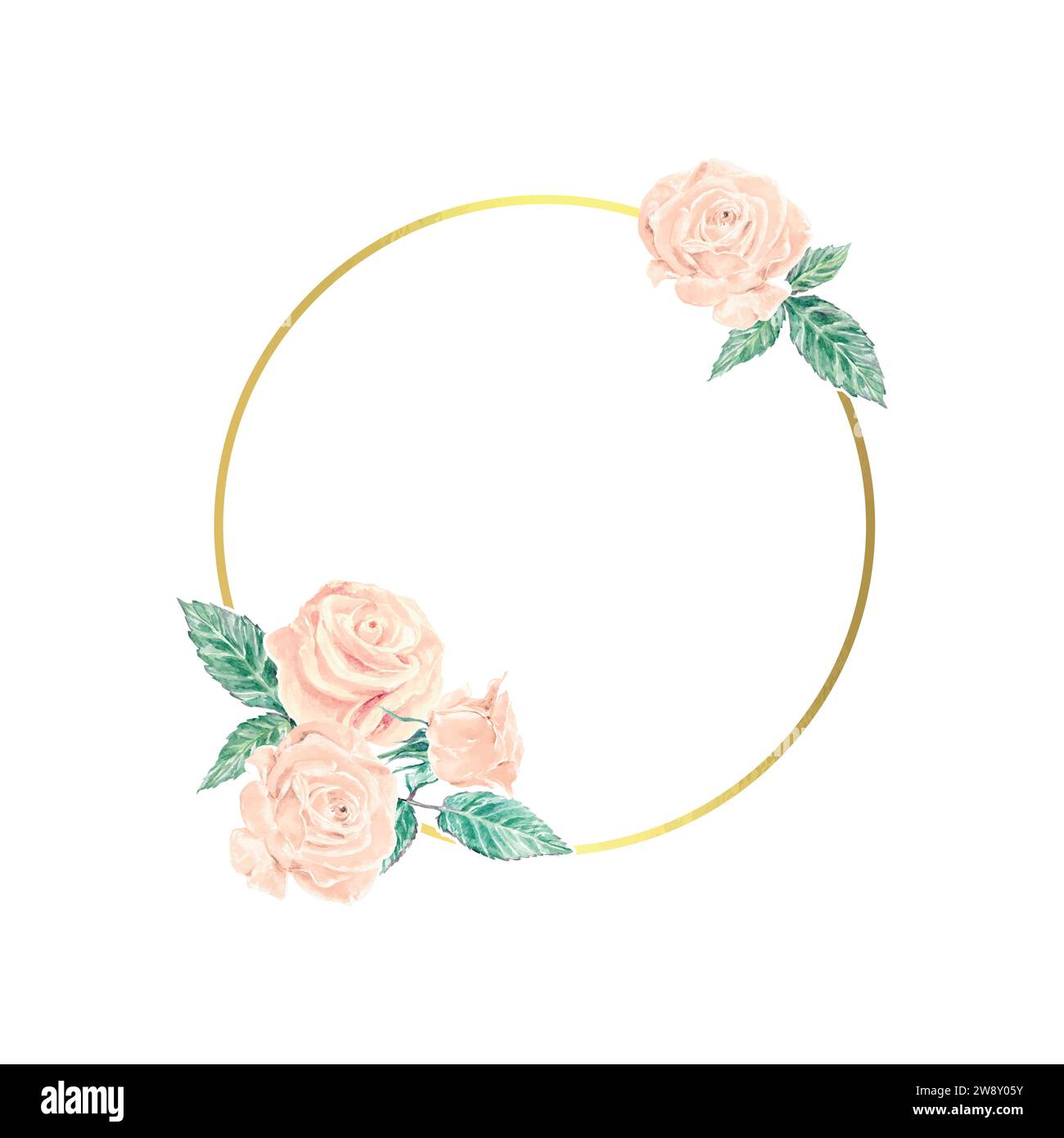 Round golden frame with pastel roses, watercolor. Vector. Greeting ...