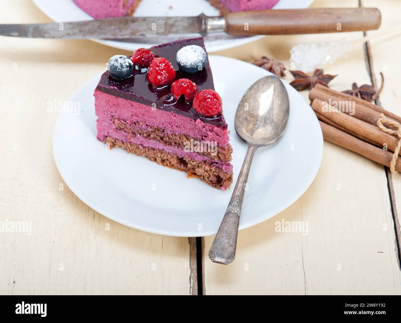 Blueberry and raspberry cake mousse dessert with spice, food ...